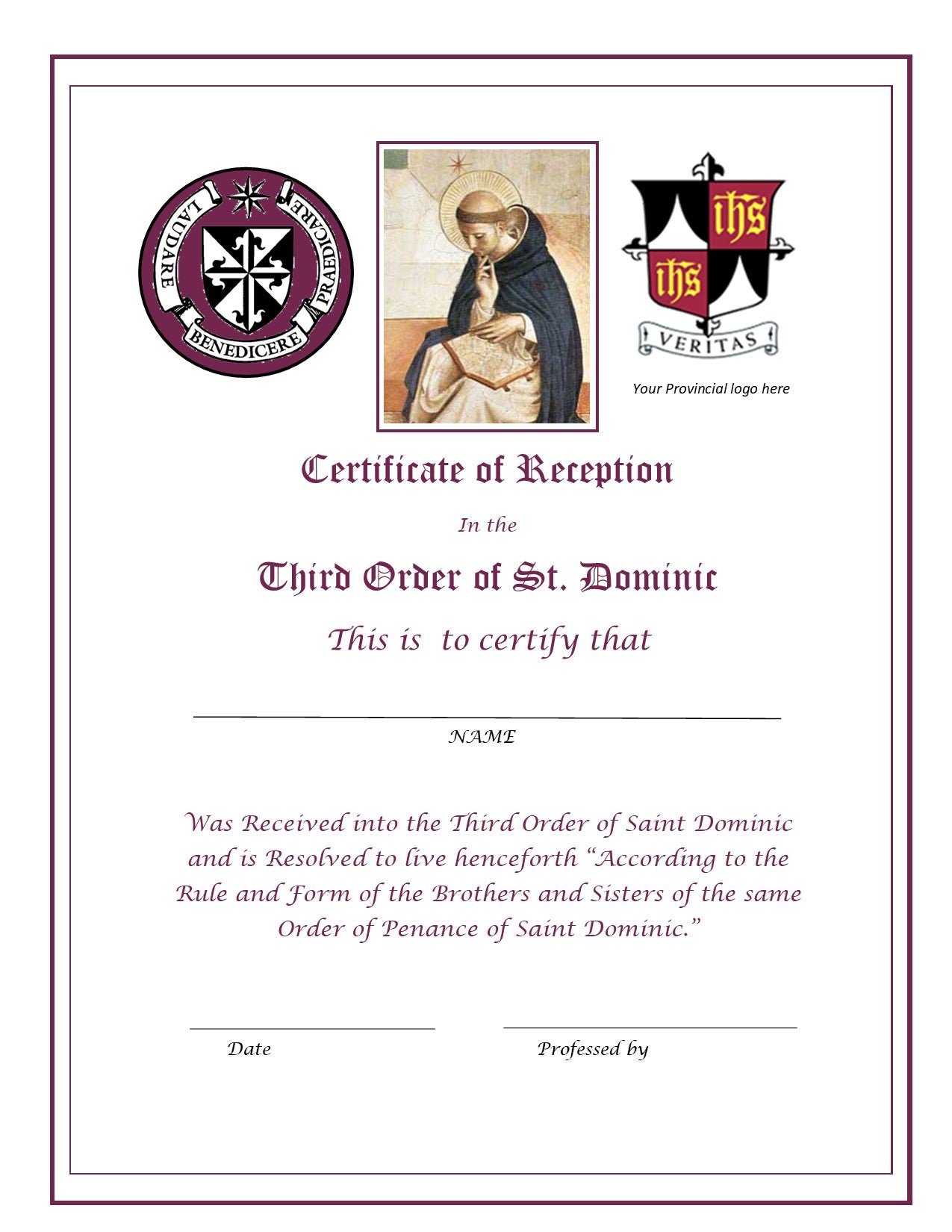 Certificate of Reception – ST. DOMINIC'S STORE